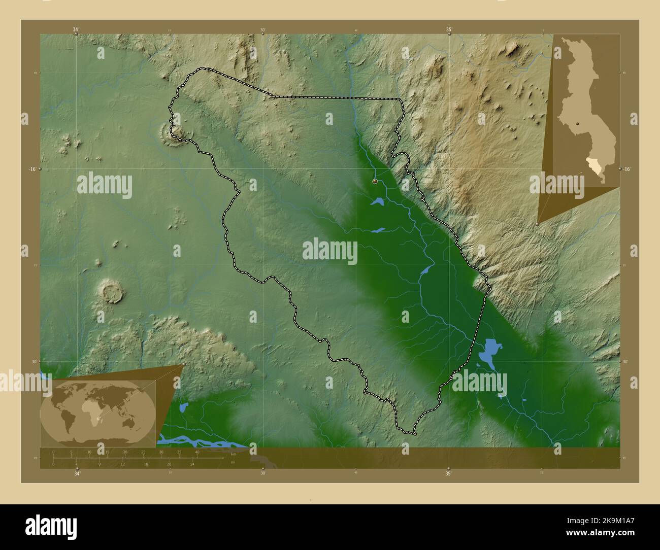 Chikwawa, district of Malawi. Colored elevation map with lakes and ...