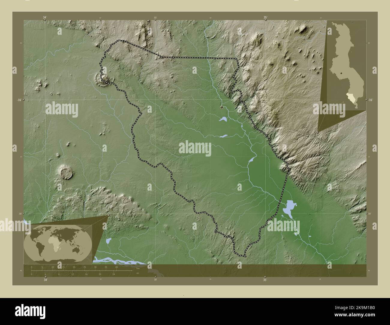 Chikwawa, district of Malawi. Elevation map colored in wiki style with lakes and rivers. Corner ...