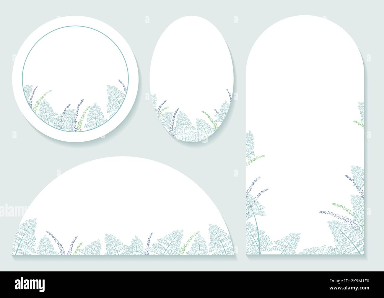 Set of pastel-colored botanical frames in various shapes on a green ...