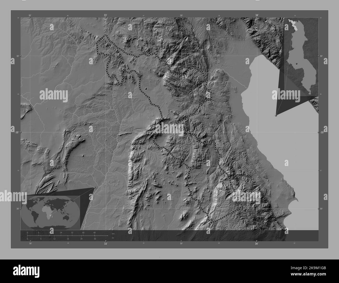 Chitipa, district of Malawi. Bilevel elevation map with lakes and ...
