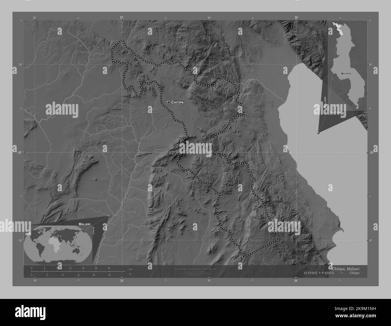 Chitipa, district of Malawi. Grayscale elevation map with lakes and ...
