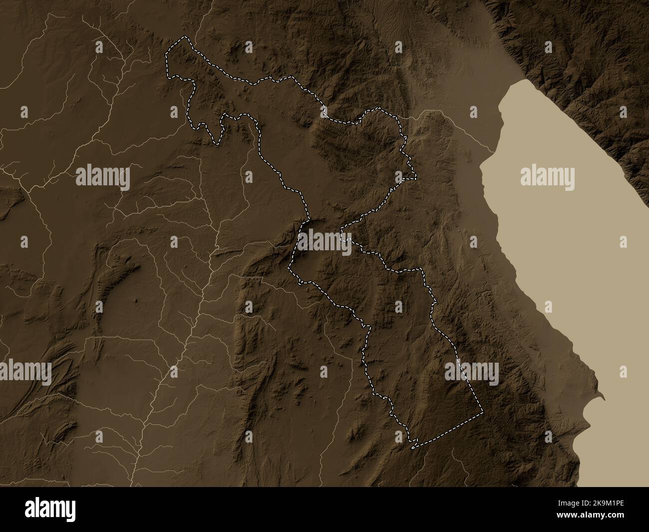 Chitipa, district of Malawi. Elevation map colored in sepia tones with ...