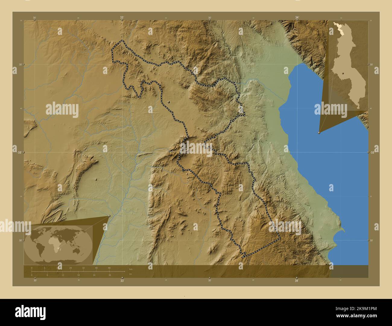 Chitipa, district of Malawi. Colored elevation map with lakes and ...