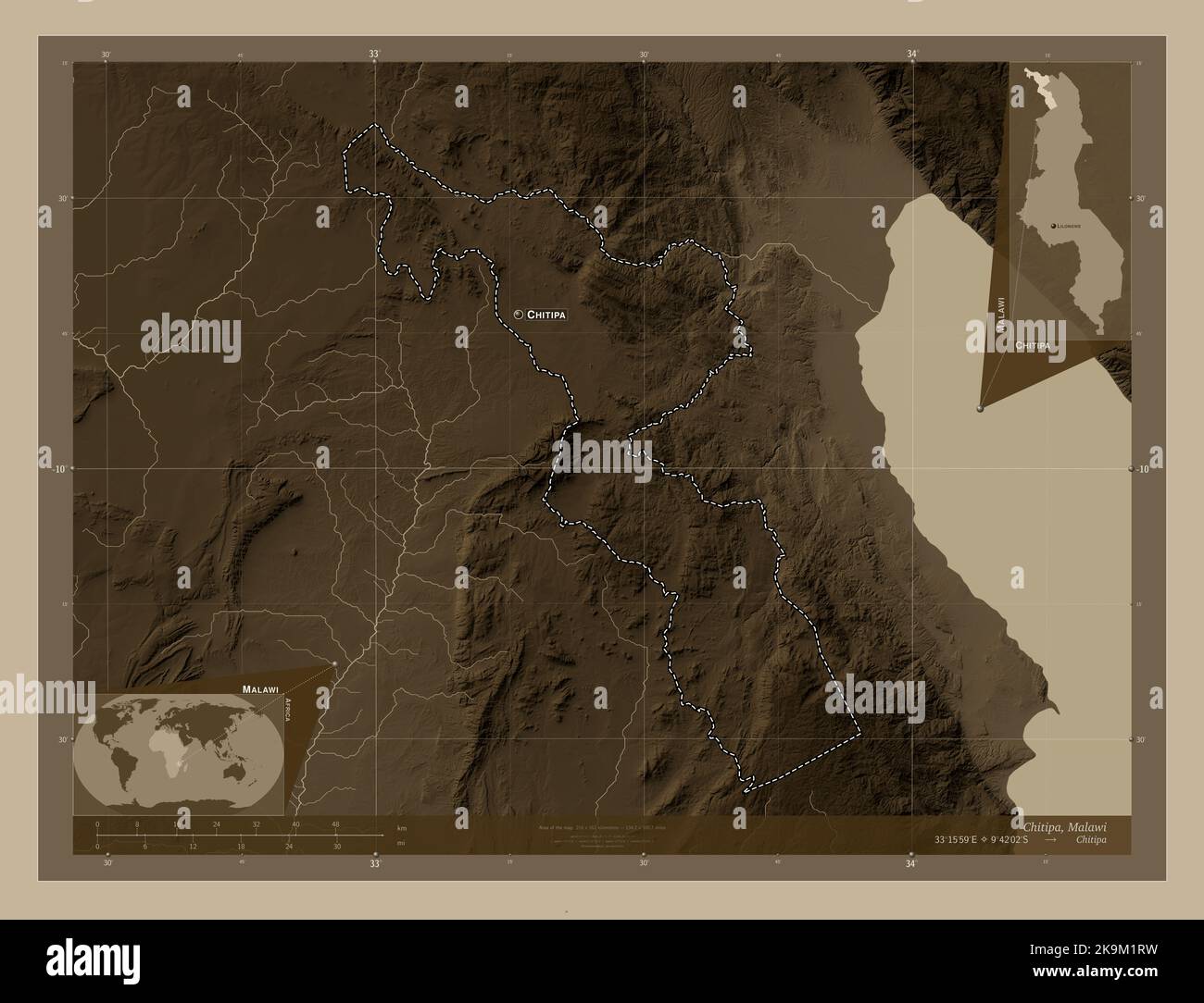 Chitipa, district of Malawi. Elevation map colored in sepia tones with ...