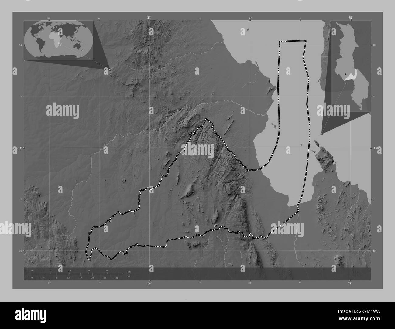 Dedza, district of Malawi. Grayscale elevation map with lakes and ...