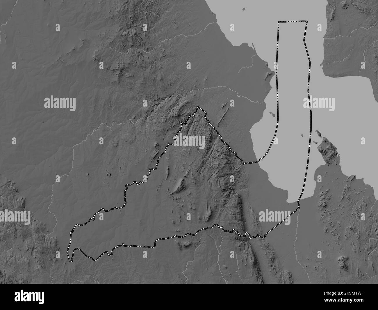 Dedza, district of Malawi. Grayscale elevation map with lakes and ...