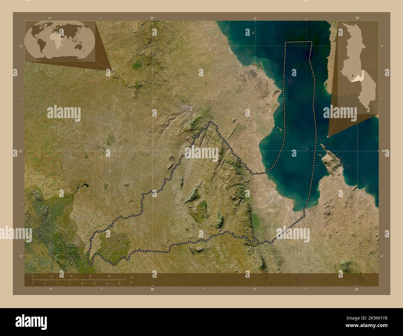 Dedza, district of Malawi. Low resolution satellite map. Locations of ...