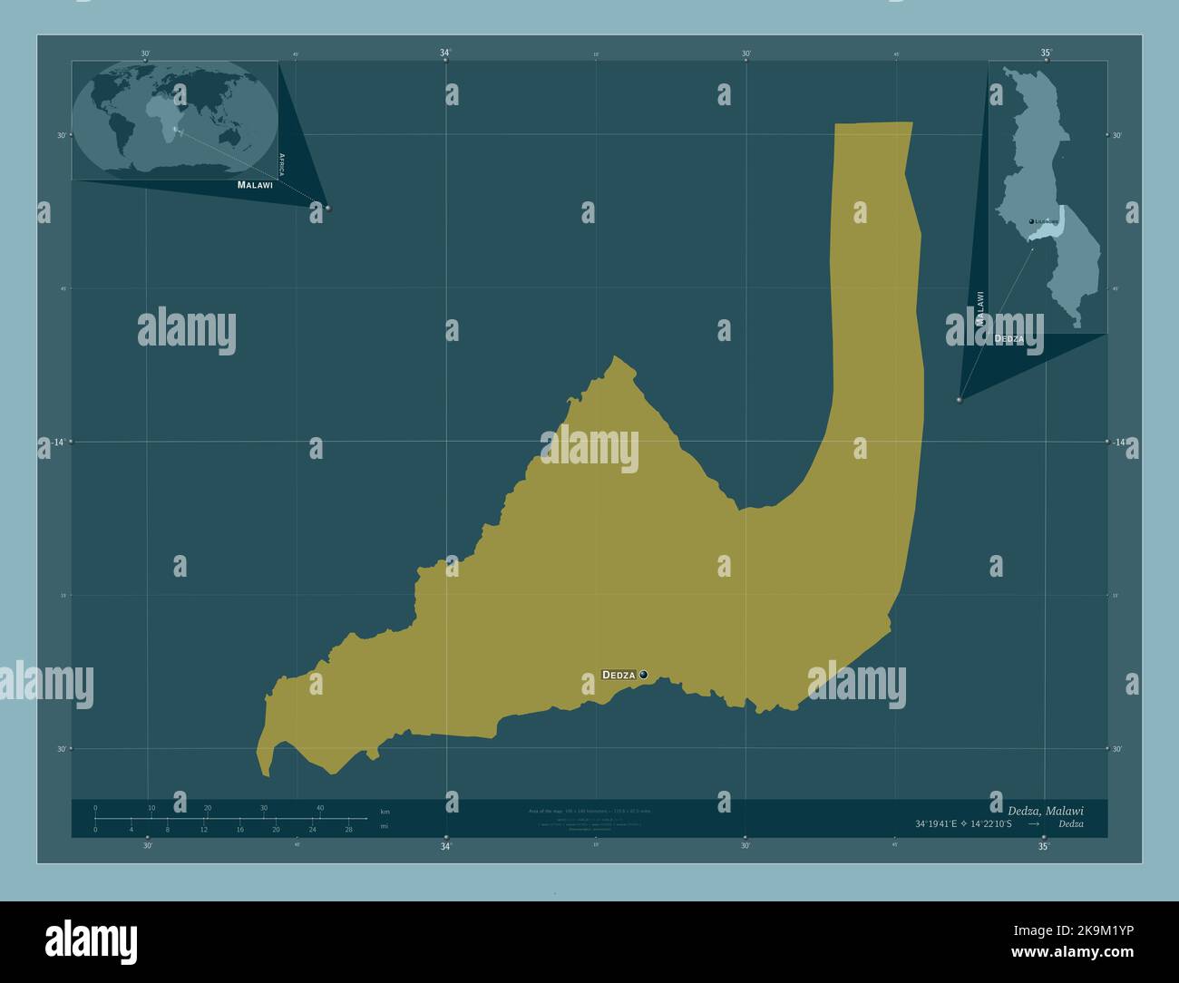 Dedza, district of Malawi. Solid color shape. Locations and names of ...