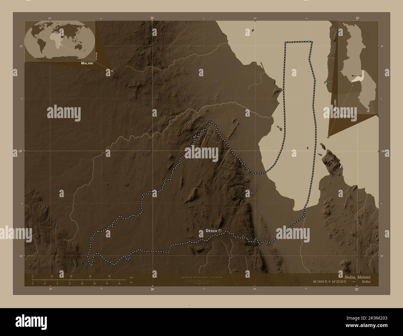 Dedza, district of Malawi. Elevation map colored in sepia tones with ...