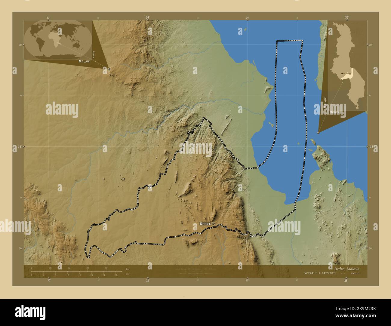 Dedza, district of Malawi. Colored elevation map with lakes and rivers ...
