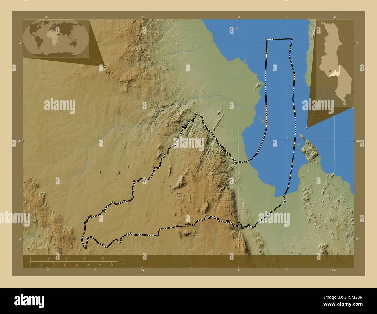Dedza, district of Malawi. Colored elevation map with lakes and rivers ...