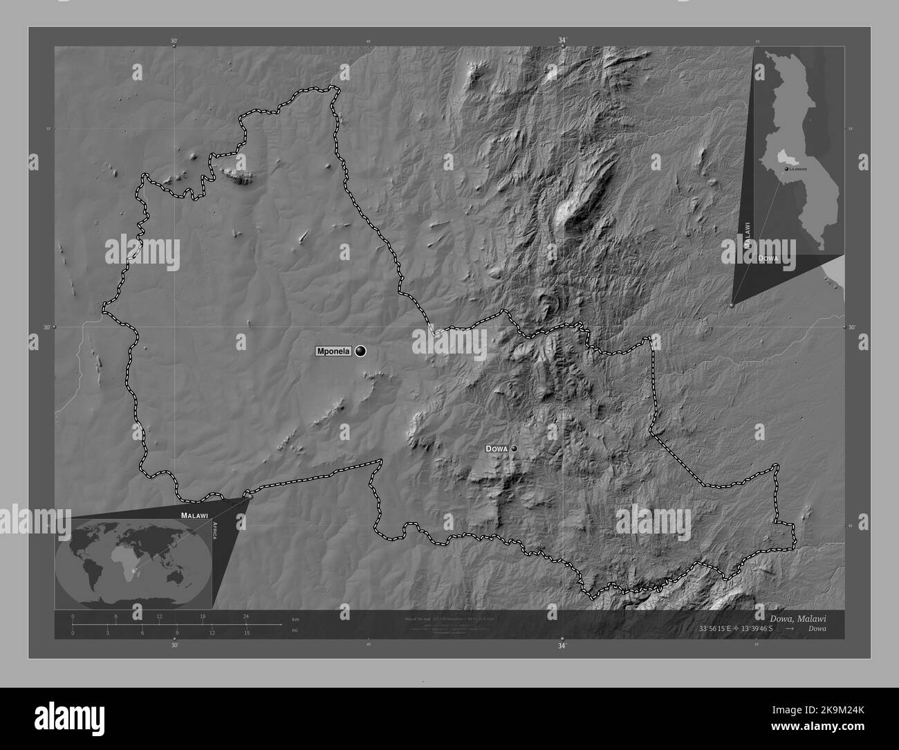 Dowa, district of Malawi. Bilevel elevation map with lakes and rivers ...