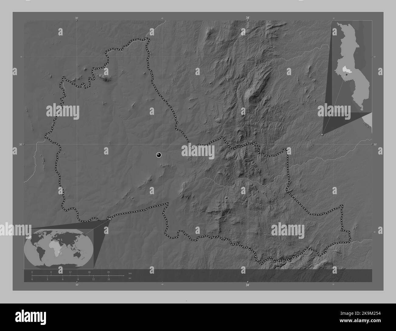 Dowa, district of Malawi. Grayscale elevation map with lakes and rivers ...