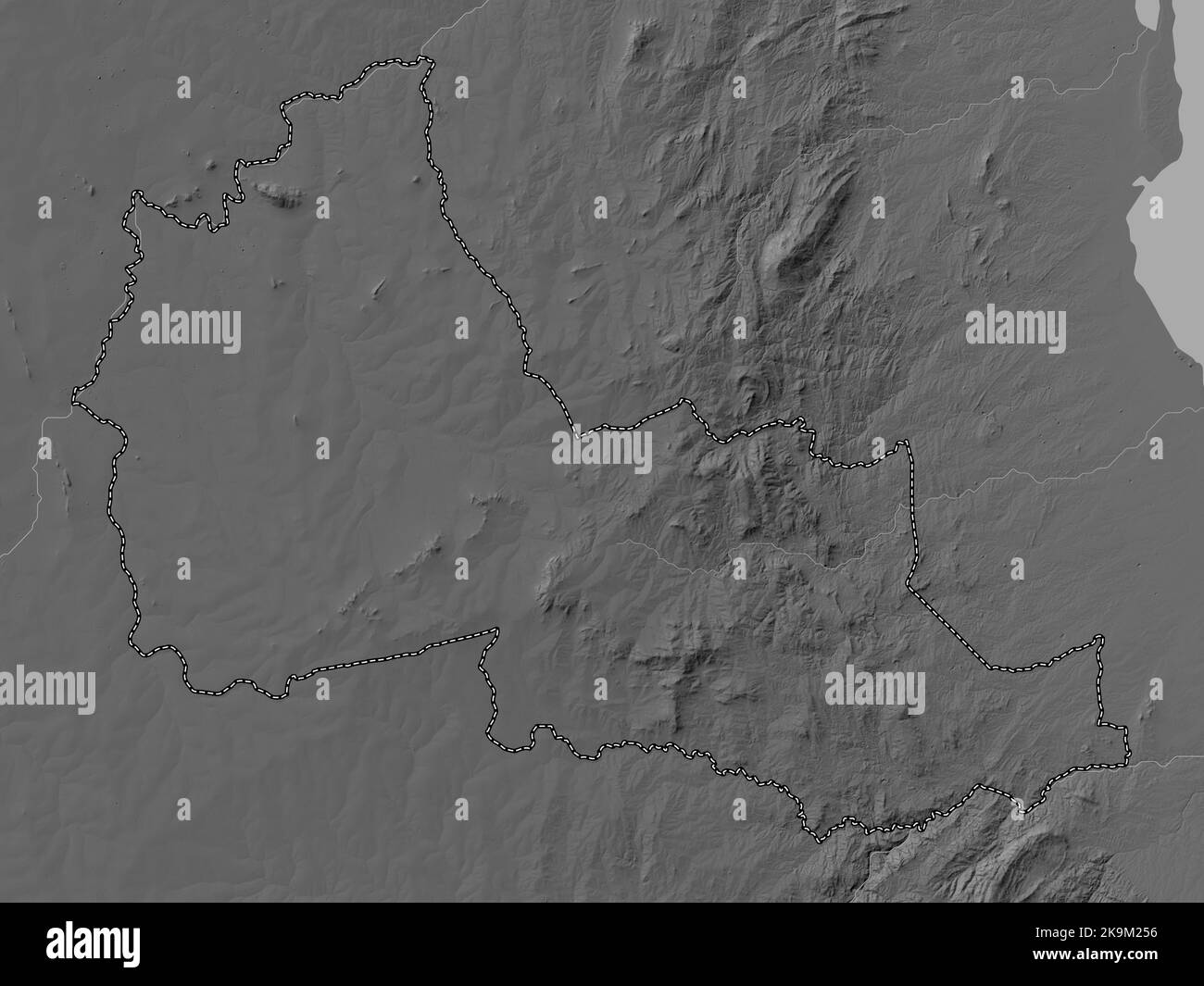 Dowa, district of Malawi. Grayscale elevation map with lakes and rivers ...