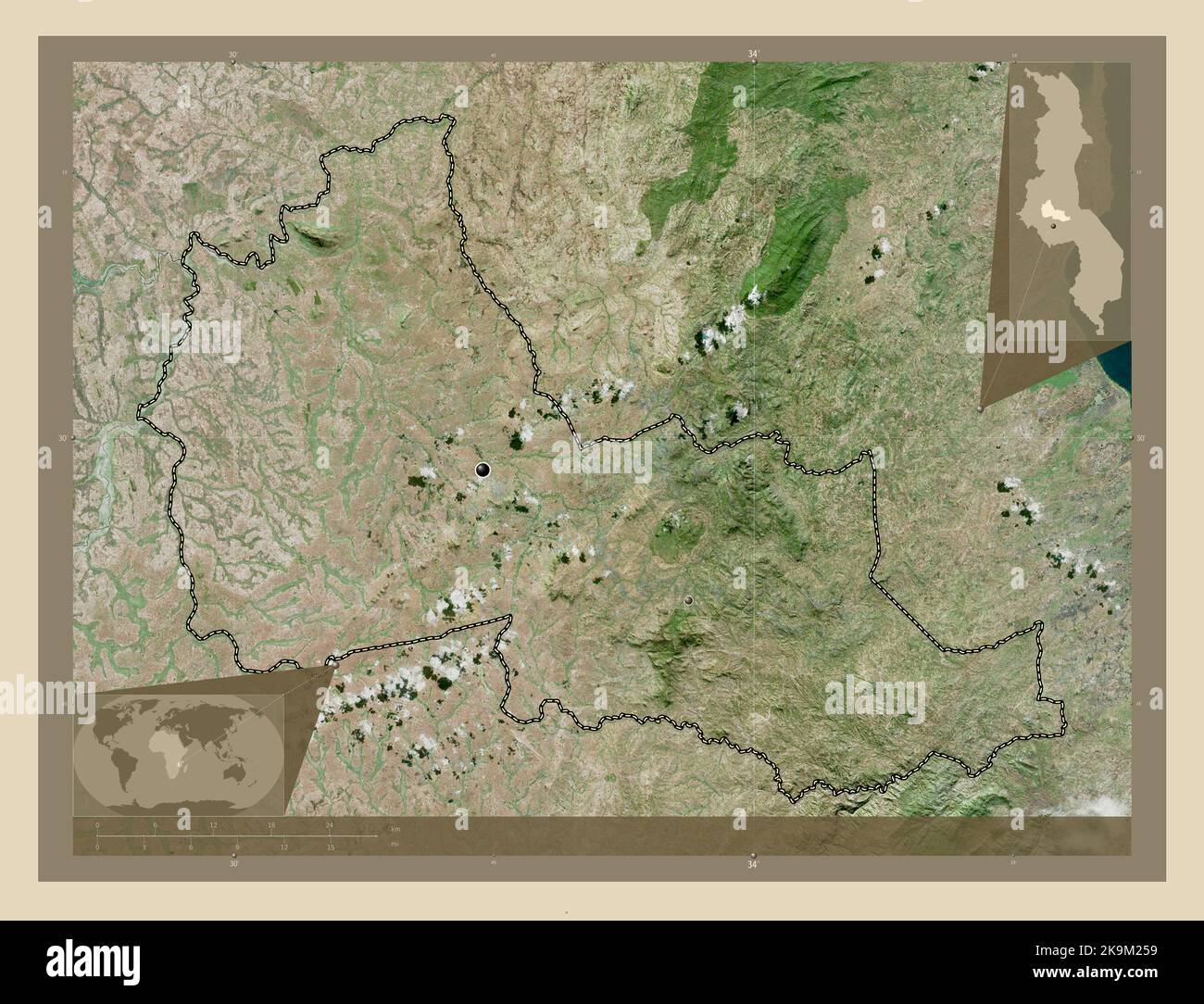 Dowa, district of Malawi. High resolution satellite map. Locations of ...