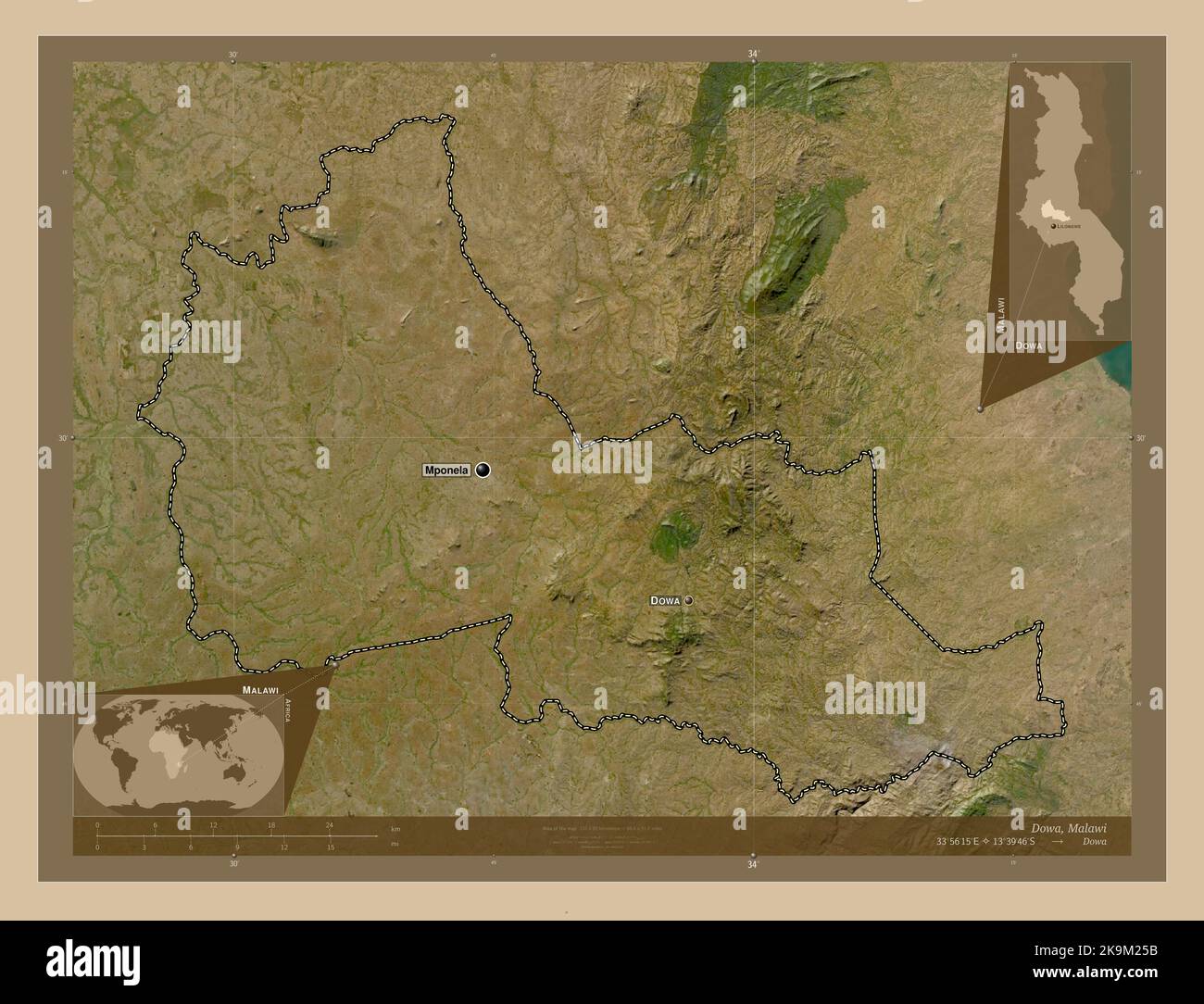 Dowa, district of Malawi. Low resolution satellite map. Locations and ...
