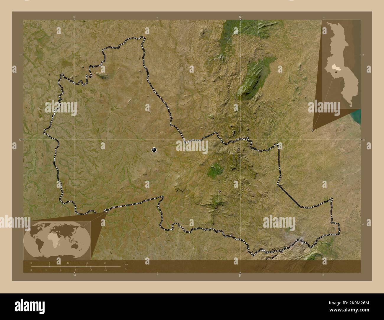 Dowa, district of Malawi. Low resolution satellite map. Locations of ...