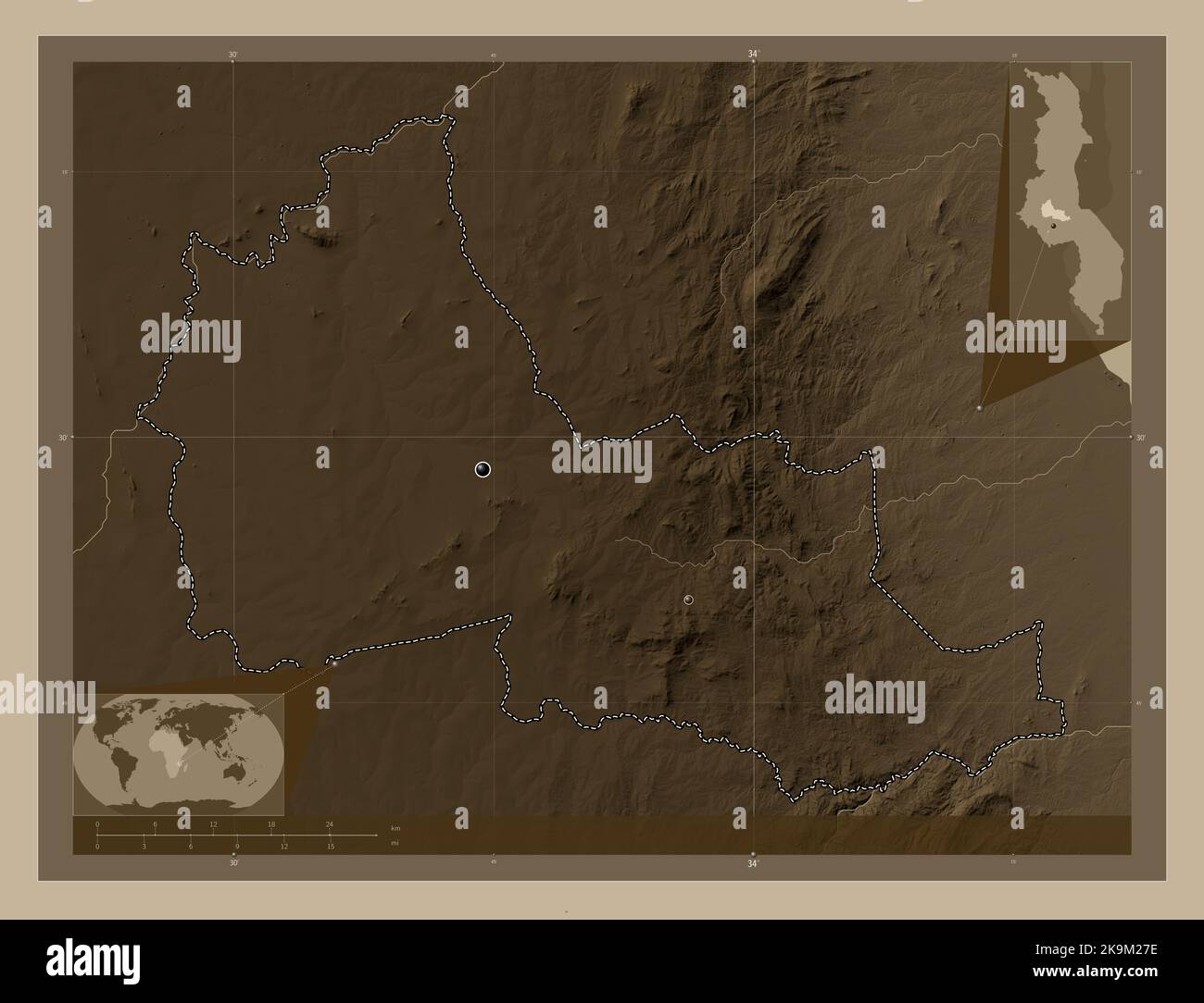 Dowa, district of Malawi. Elevation map colored in sepia tones with ...