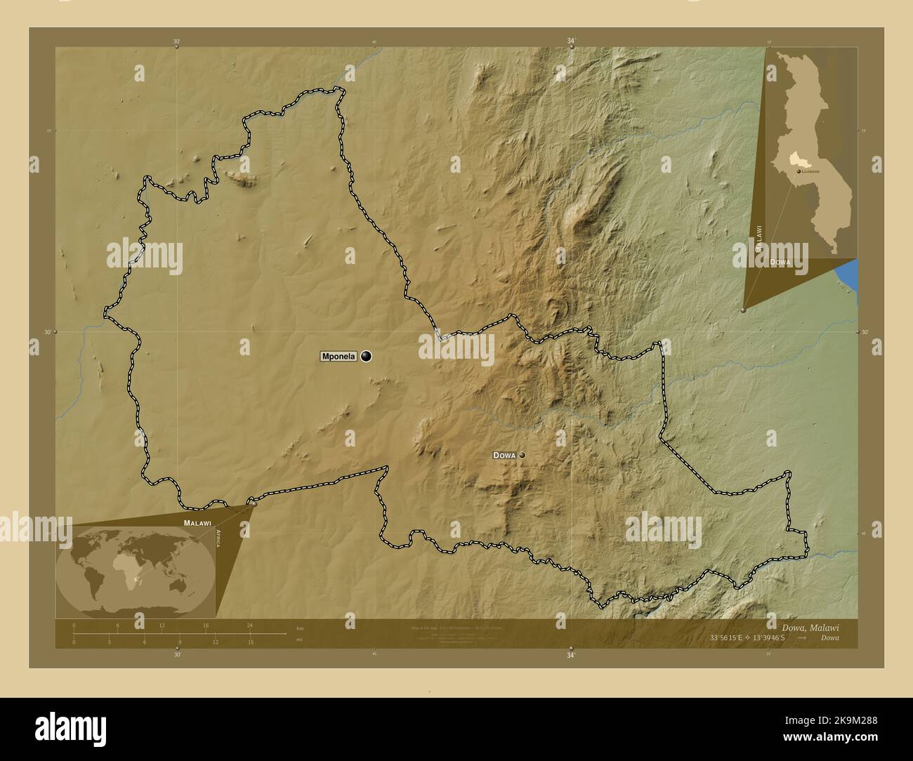 Dowa, district of Malawi. Colored elevation map with lakes and rivers ...