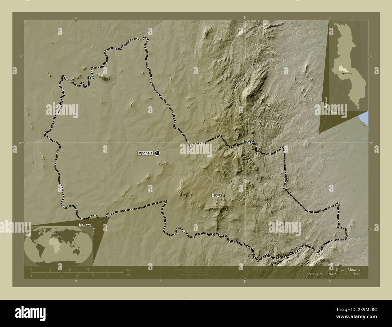 Dowa, district of Malawi. Elevation map colored in wiki style with ...