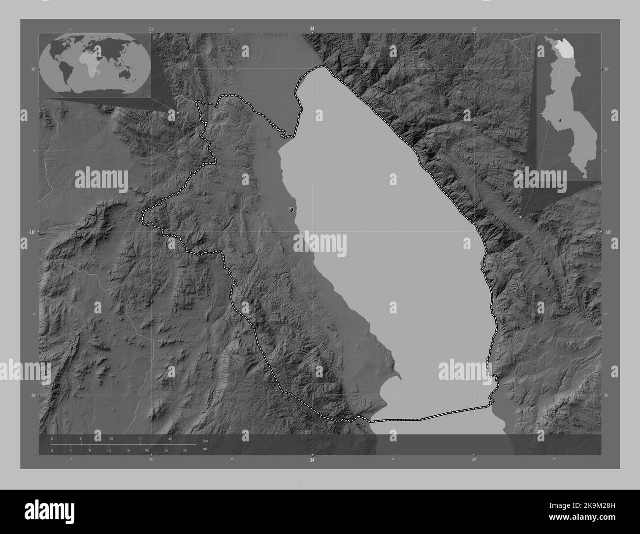 Karonga, district of Malawi. Grayscale elevation map with lakes and ...