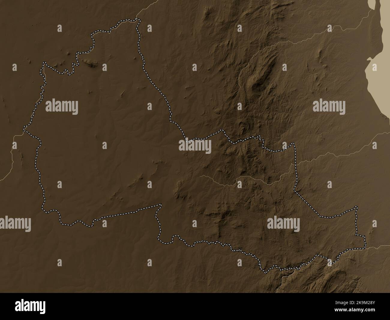 Dowa, district of Malawi. Elevation map colored in sepia tones with ...