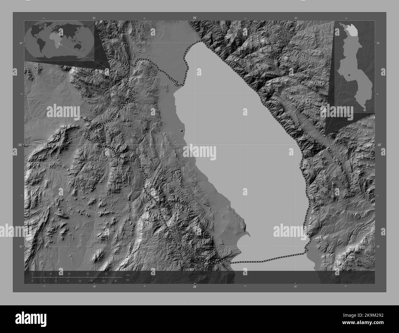 Karonga, district of Malawi. Bilevel elevation map with lakes and ...