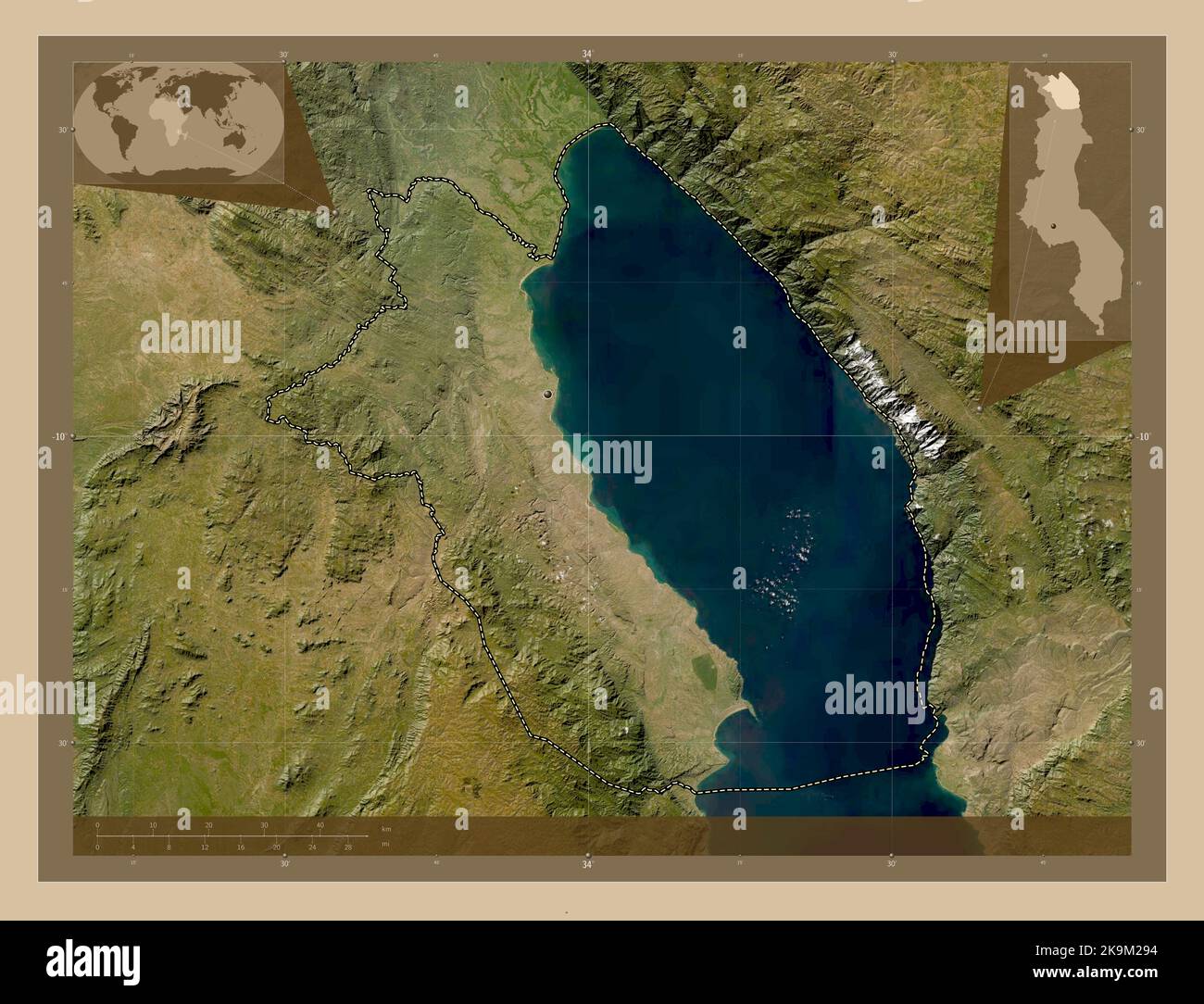 Karonga, district of Malawi. Low resolution satellite map. Locations of ...