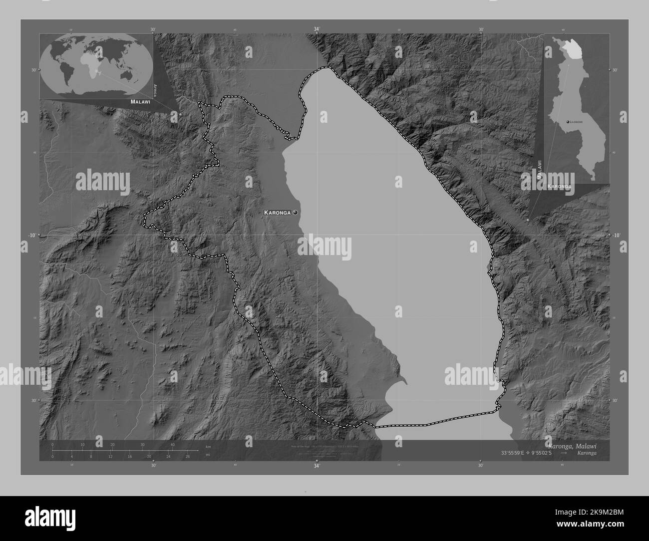 Karonga, district of Malawi. Grayscale elevation map with lakes and ...