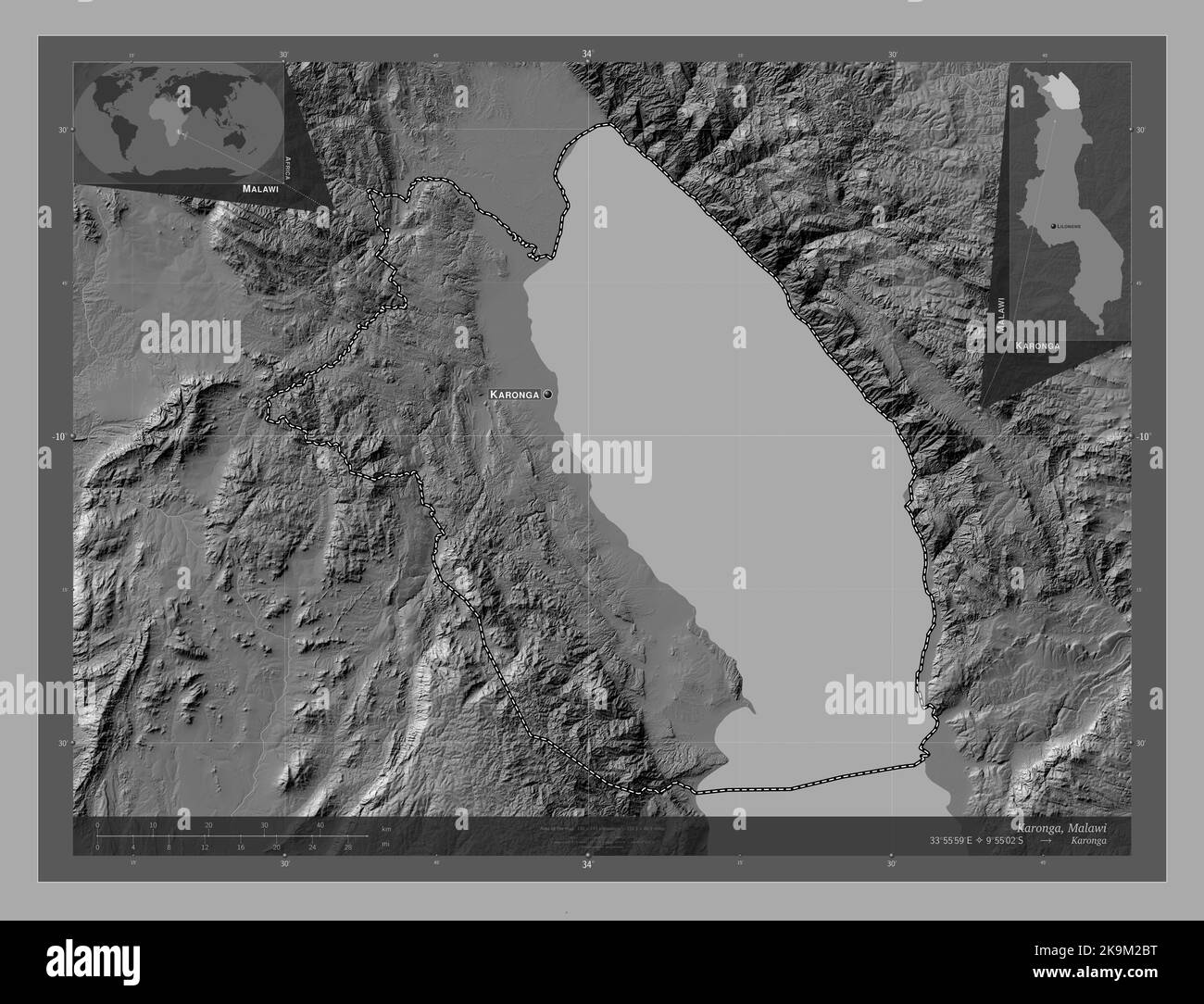 Karonga, district of Malawi. Bilevel elevation map with lakes and ...