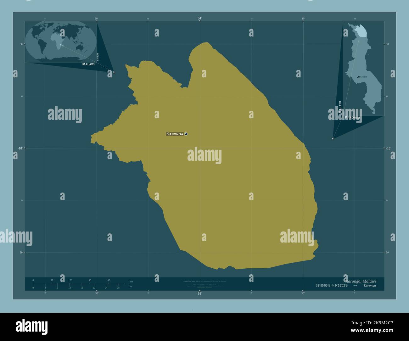 Karonga, district of Malawi. Solid color shape. Locations and names of ...