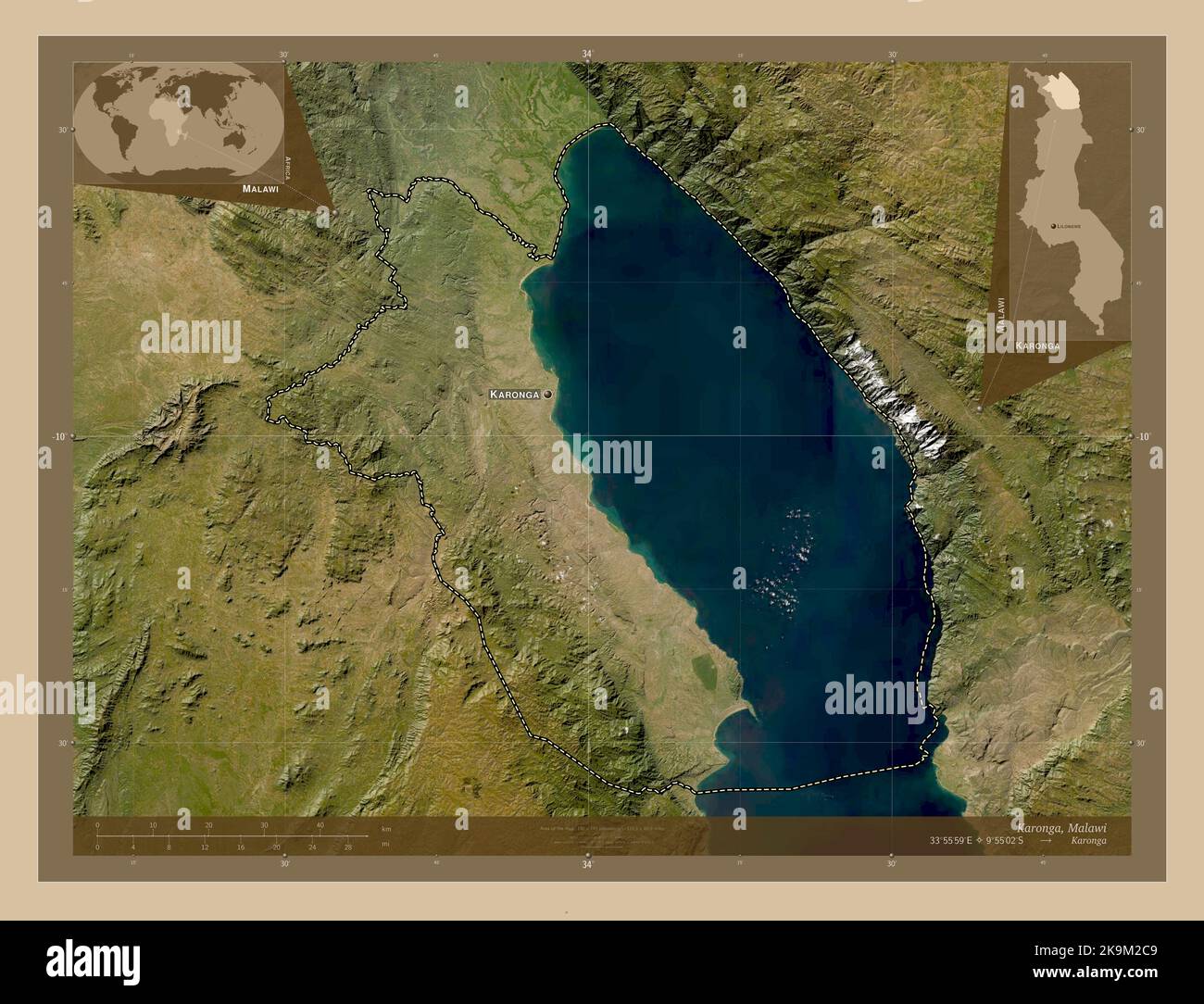 Karonga, district of Malawi. Low resolution satellite map. Locations ...