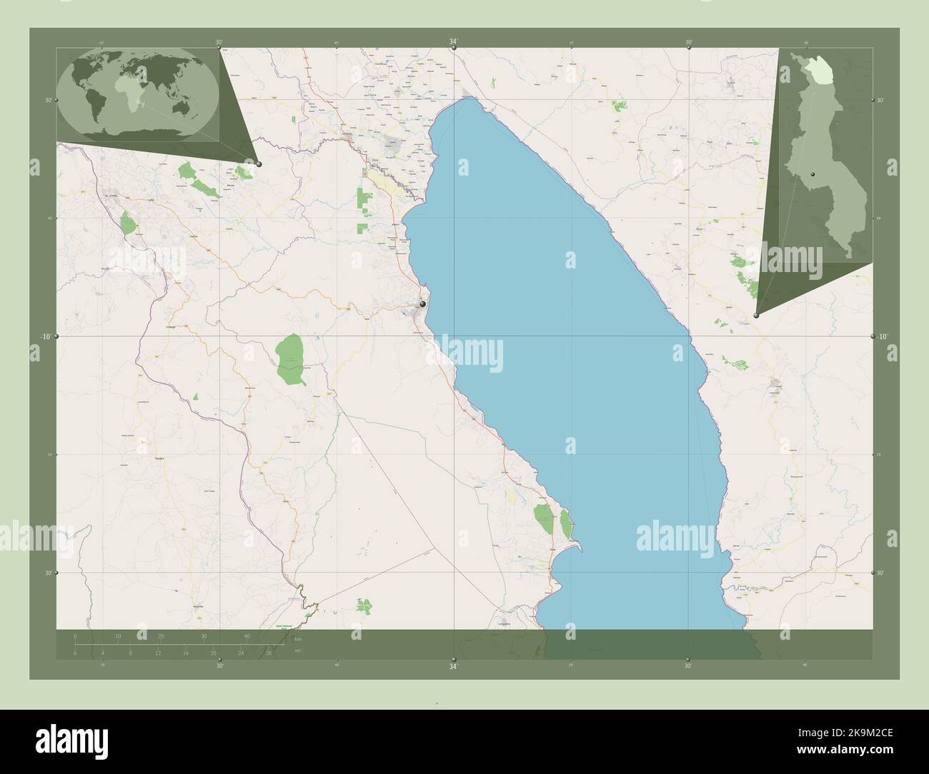 Karonga, district of Malawi. Open Street Map. Locations of major cities ...