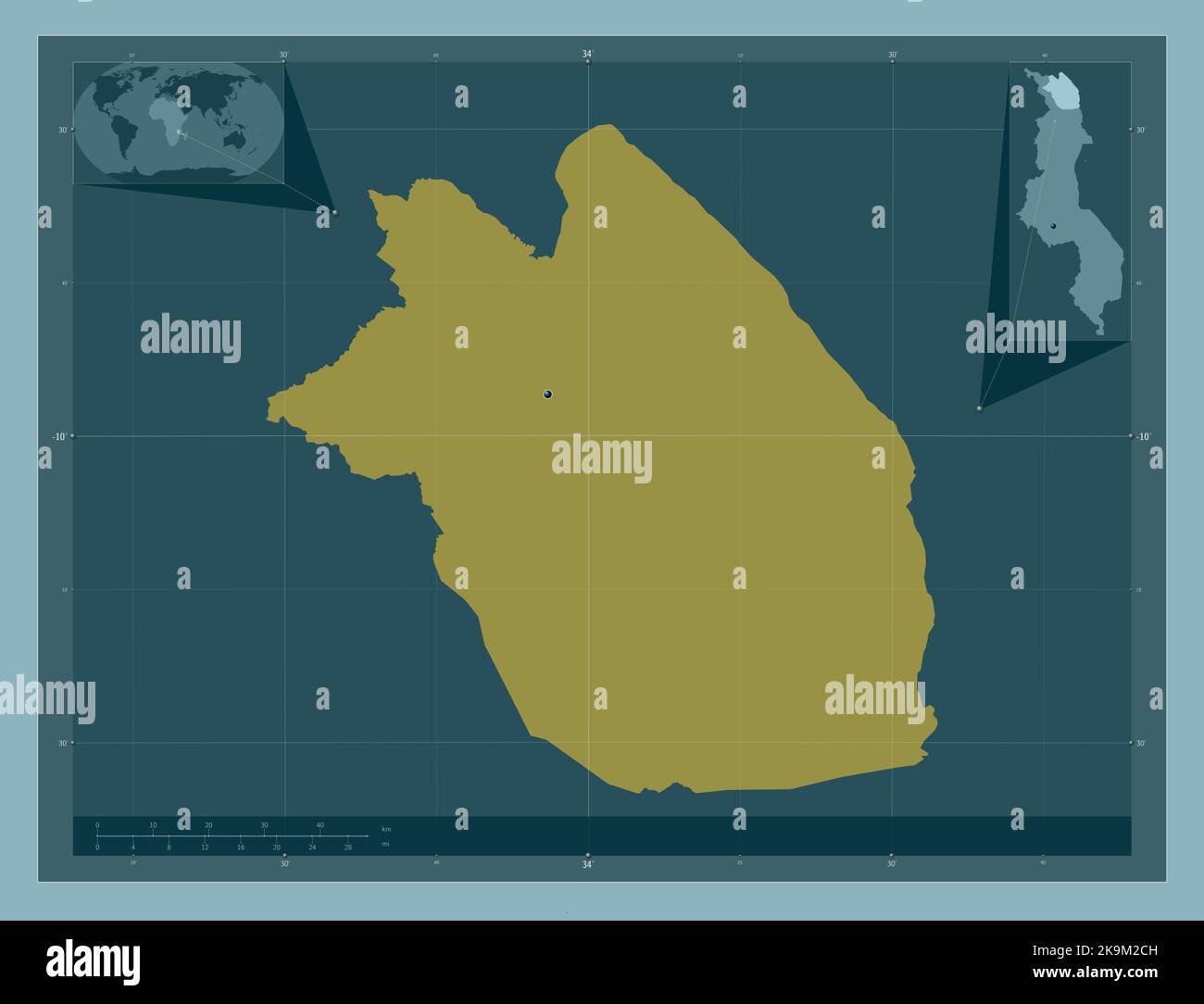 Karonga, district of Malawi. Solid color shape. Locations of major ...