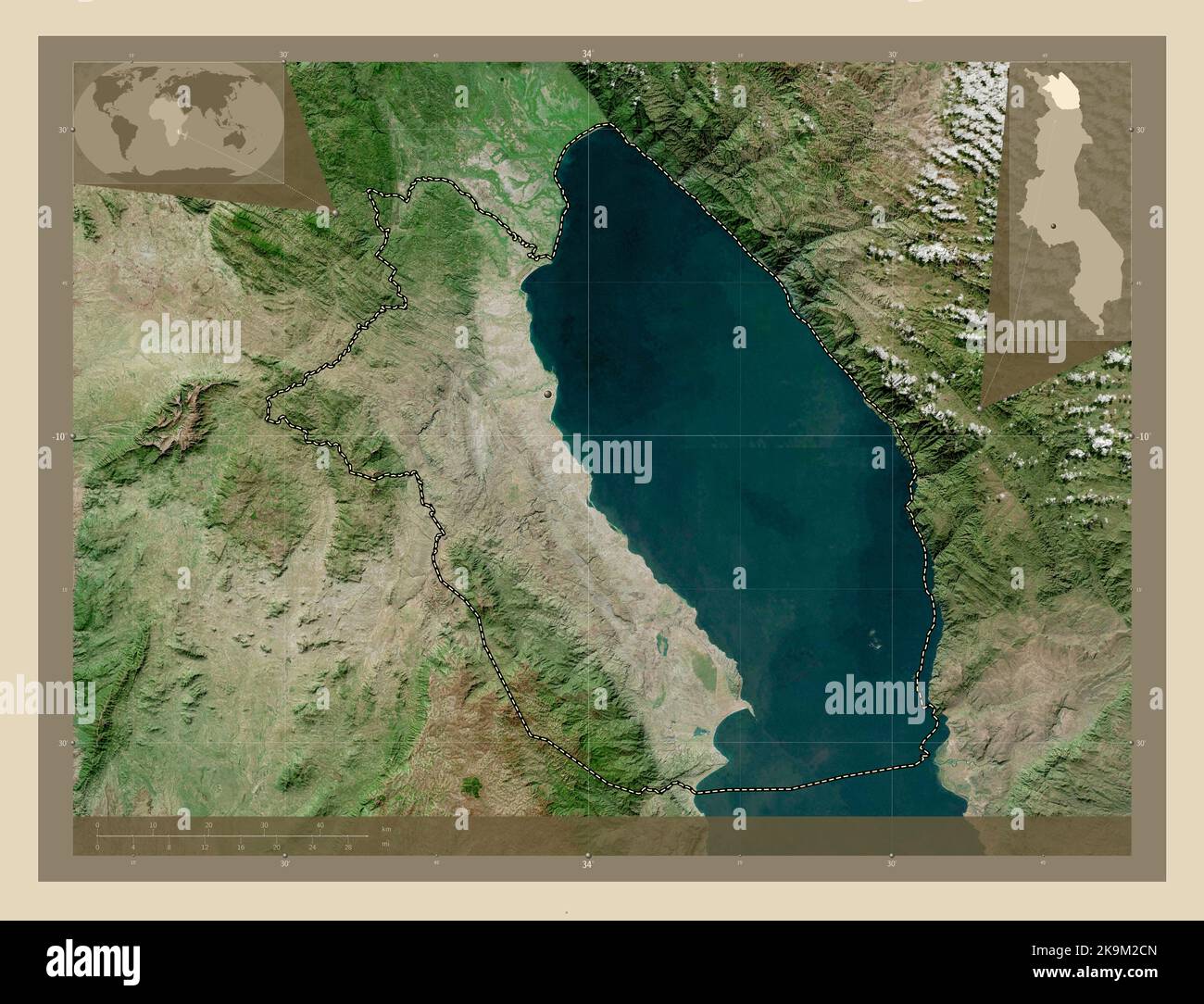 Karonga, district of Malawi. High resolution satellite map. Locations ...