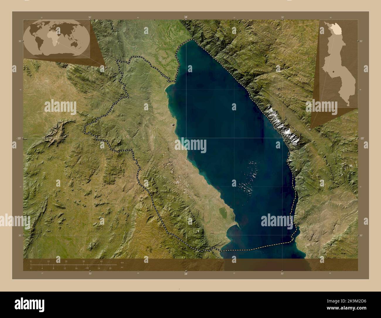 Karonga, district of Malawi. Low resolution satellite map. Corner ...