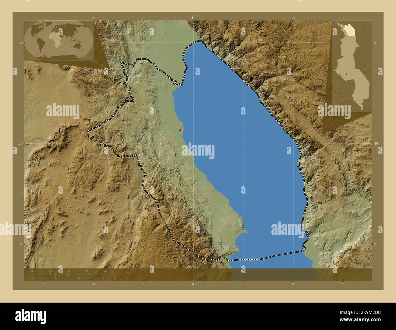 Karonga, district of Malawi. Colored elevation map with lakes and rivers. Corner auxiliary ...