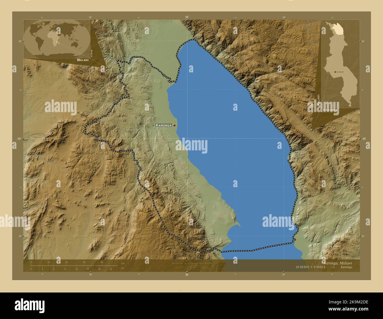 Karonga, district of Malawi. Colored elevation map with lakes and ...