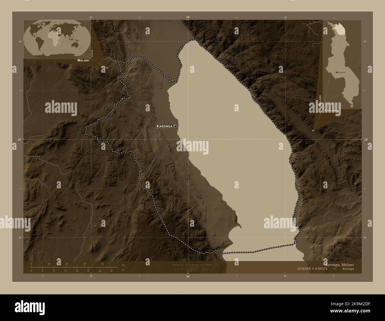 Karonga, district of Malawi. Elevation map colored in sepia tones with ...