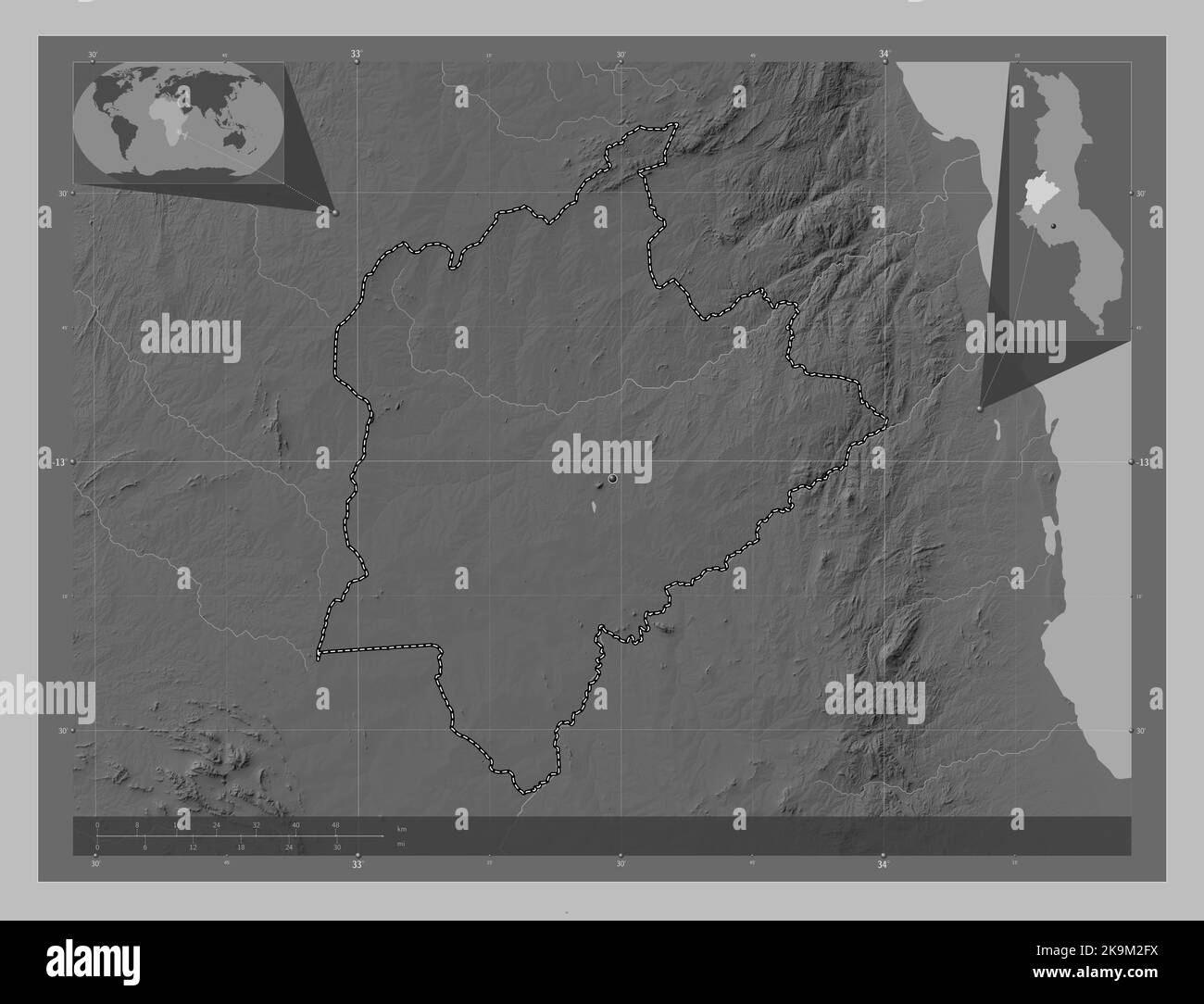 Kasungu, district of Malawi. Grayscale elevation map with lakes and ...