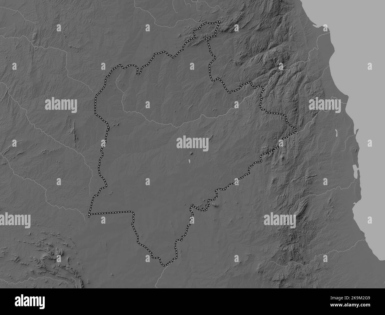 Kasungu, district of Malawi. Grayscale elevation map with lakes and ...