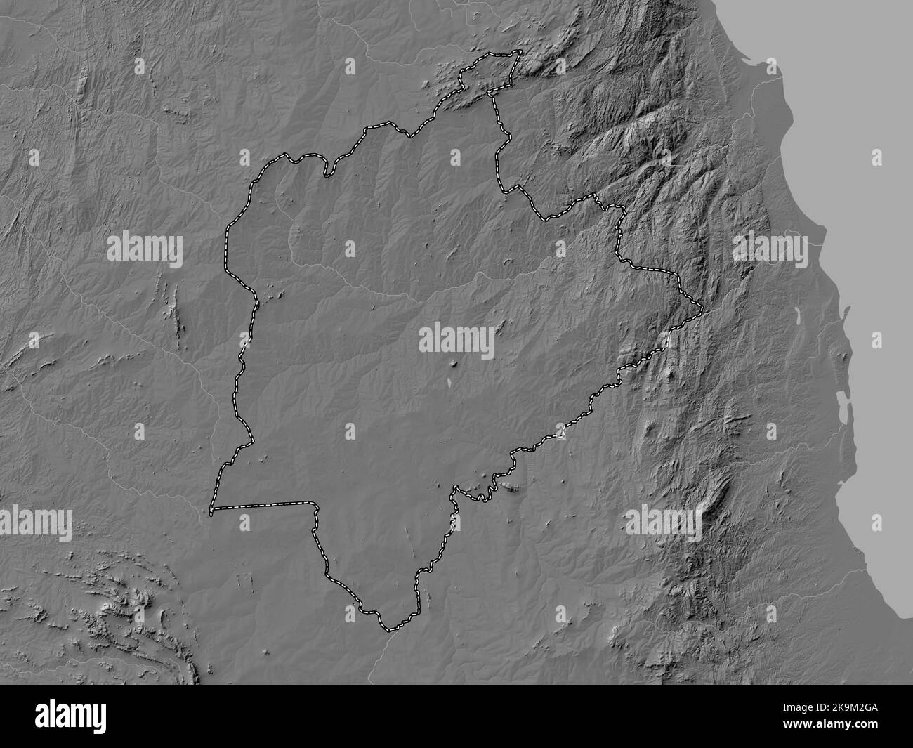 Kasungu, district of Malawi. Bilevel elevation map with lakes and ...