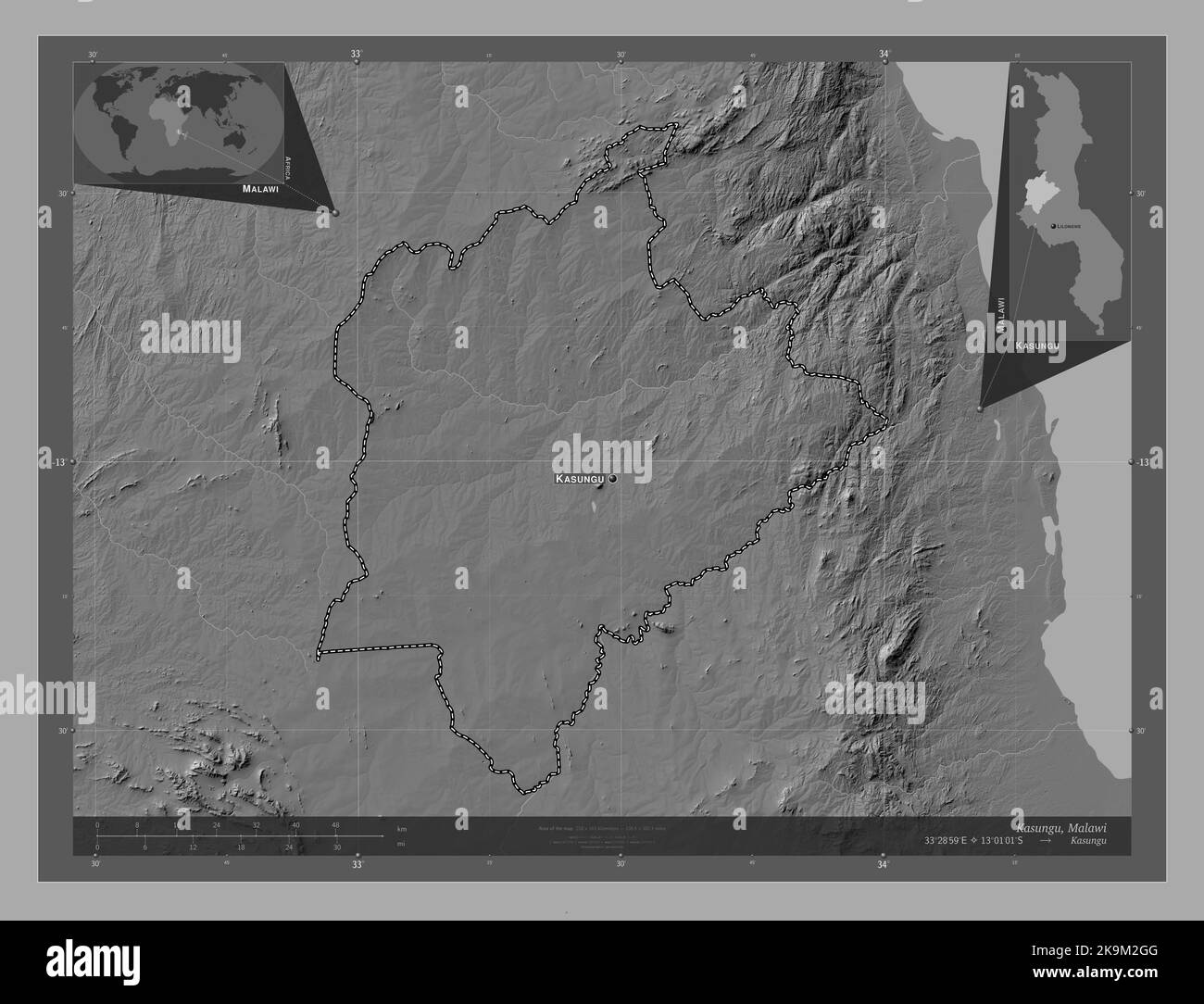 Kasungu, district of Malawi. Bilevel elevation map with lakes and ...