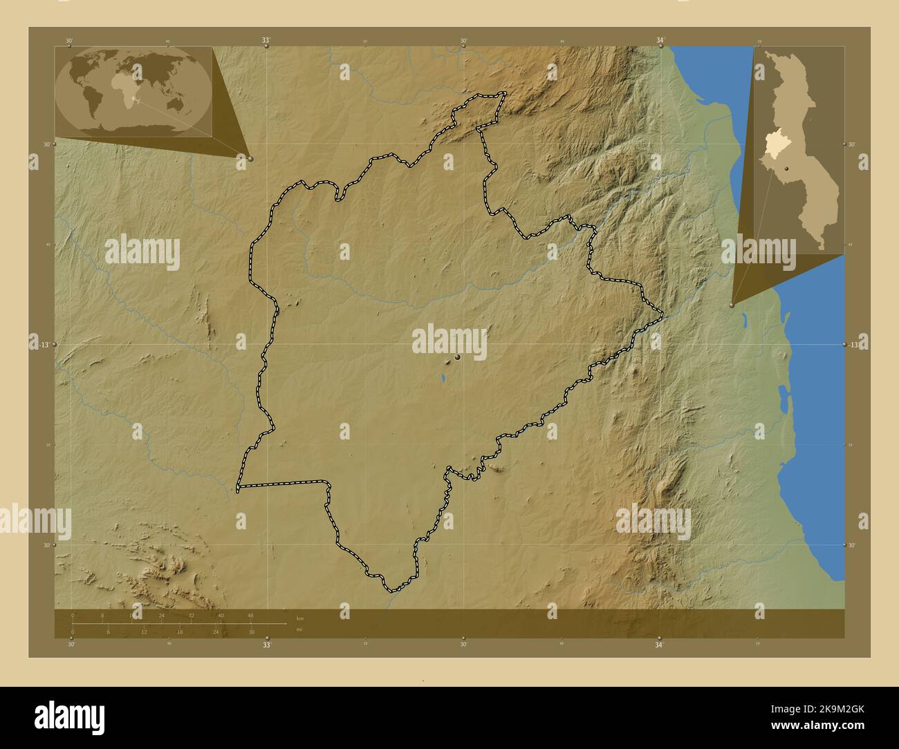 Kasungu, district of Malawi. Colored elevation map with lakes and ...