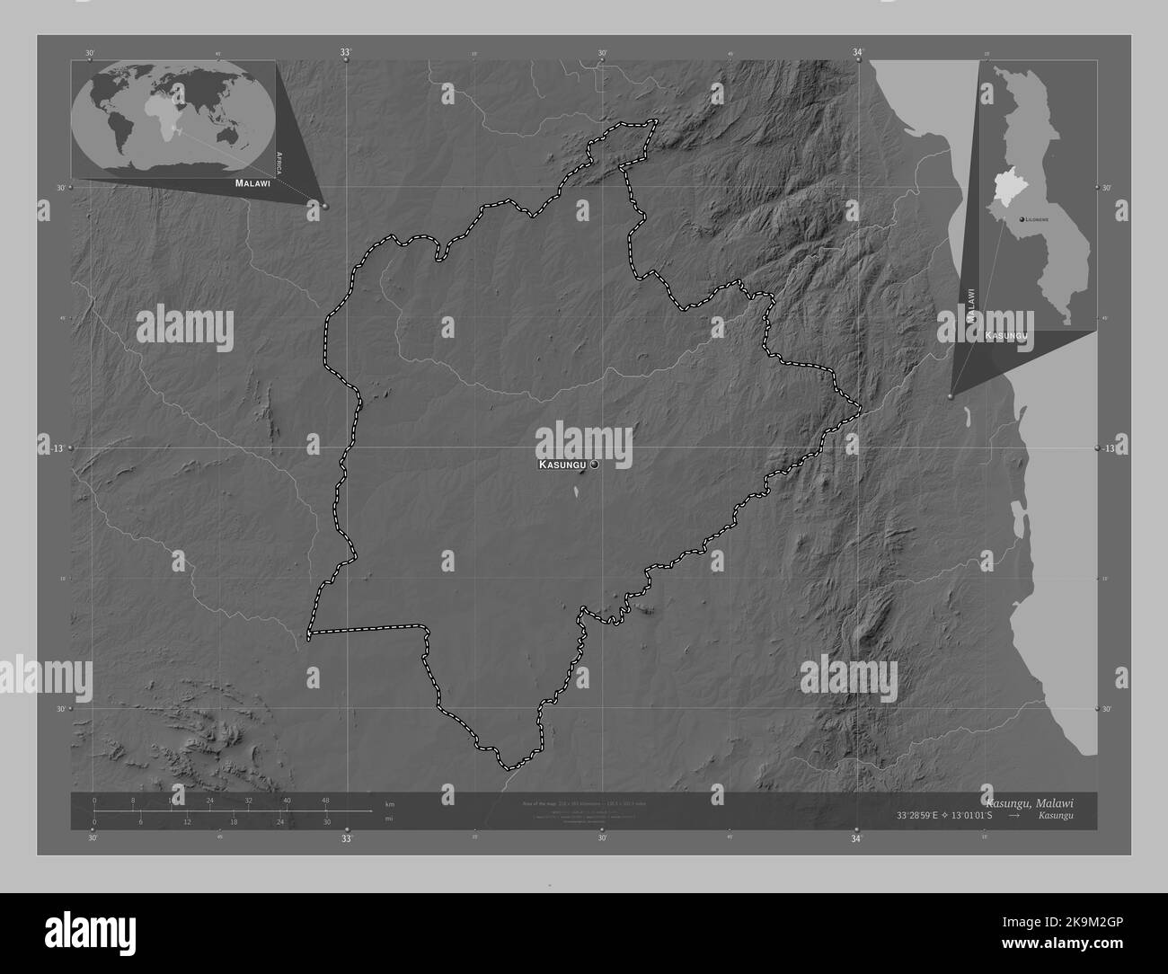 Kasungu, district of Malawi. Grayscale elevation map with lakes and ...