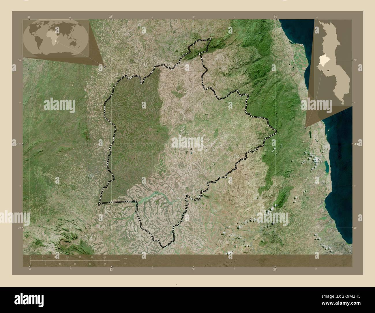 Kasungu, district of Malawi. High resolution satellite map. Corner ...