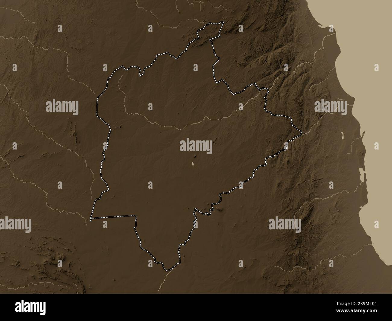Kasungu, district of Malawi. Elevation map colored in sepia tones with ...
