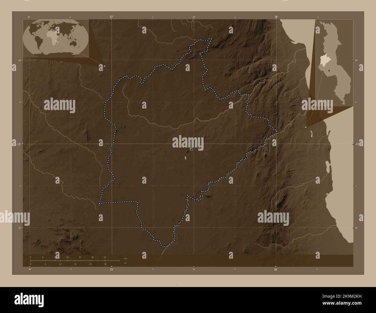 Kasungu, district of Malawi. Elevation map colored in sepia tones with ...