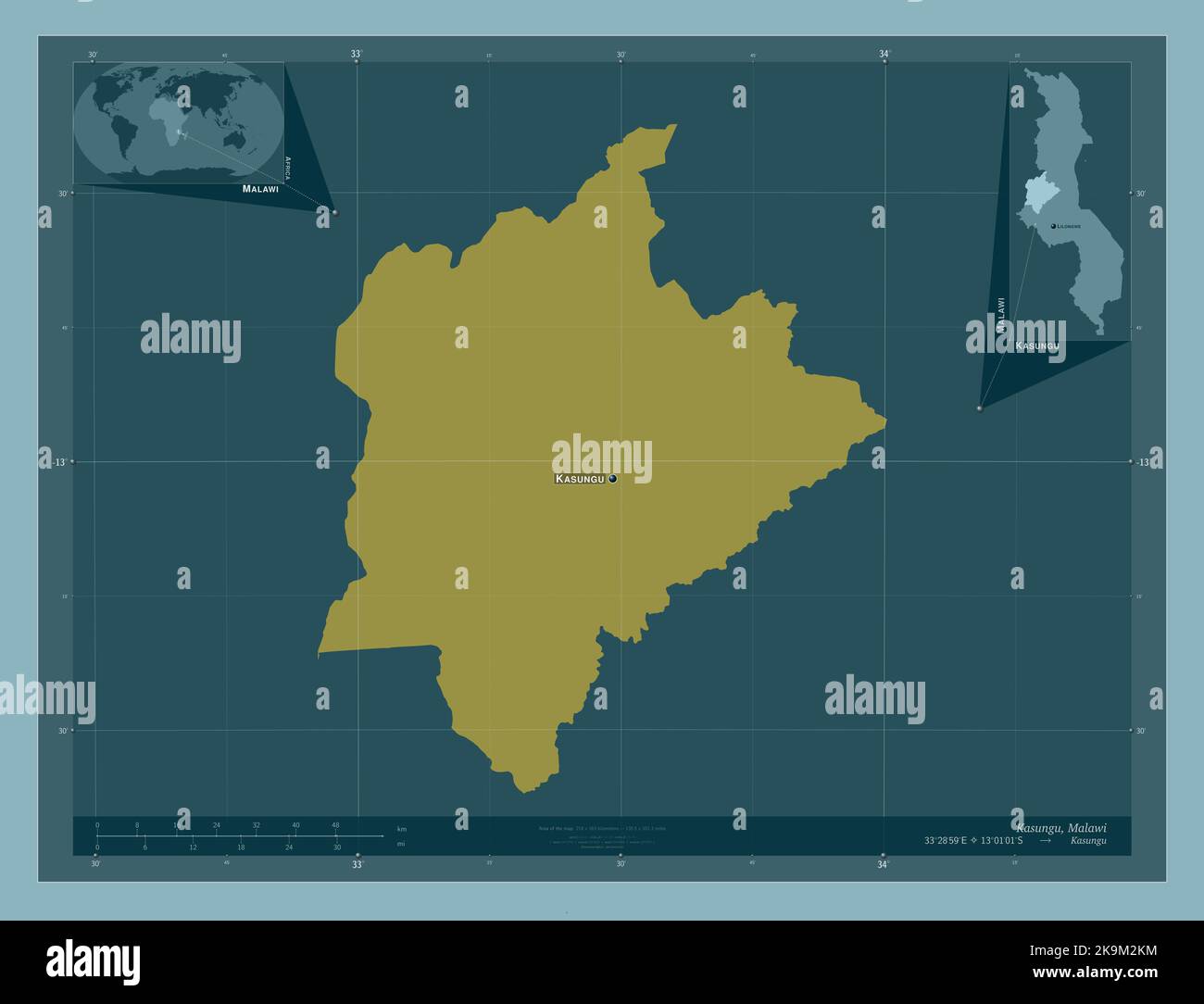 Kasungu, district of Malawi. Solid color shape. Locations and names of ...
