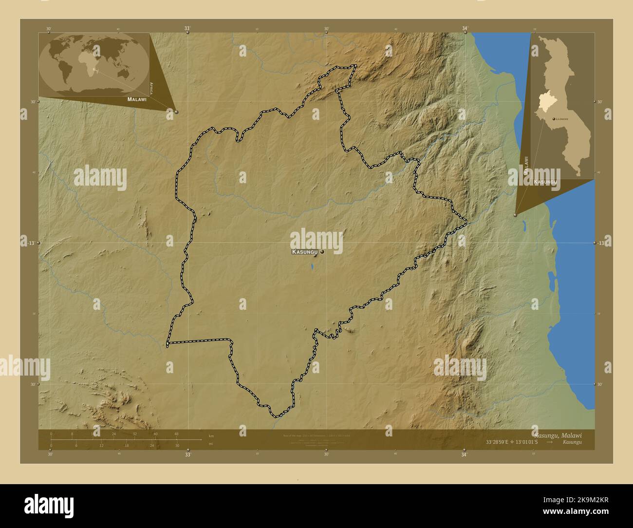 Kasungu, district of Malawi. Colored elevation map with lakes and ...
